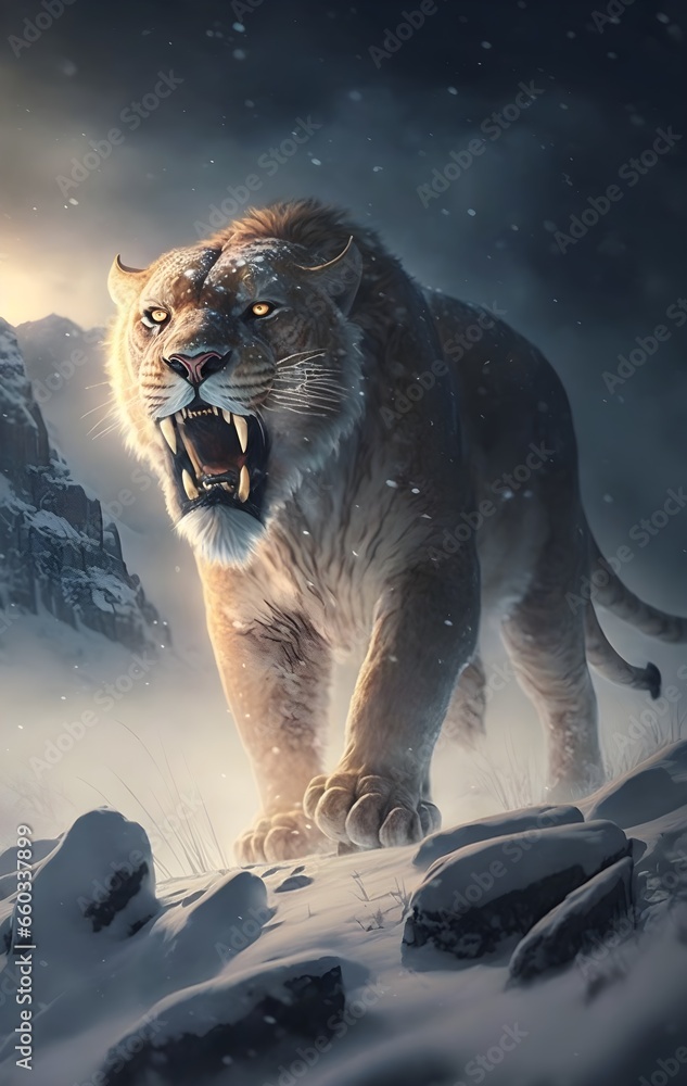 white sabertooth smilodon prowls through blizzard snow on mountainside ...
