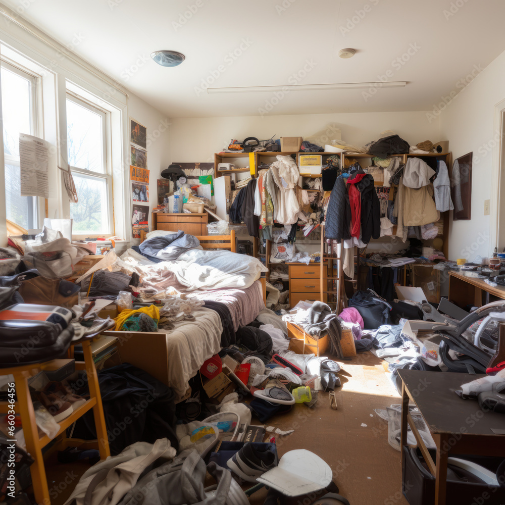 Messy dorm room with clothes everywhere Stock Photo | Adobe Stock