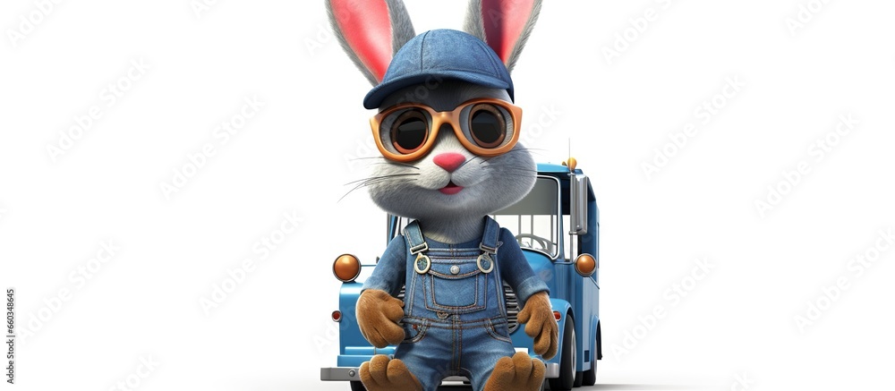 Cartoon bunny wearing denim overalls and big rig peterbuilt bus driver ...
