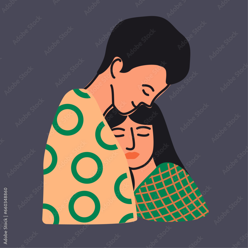 Vector stylised illustration of two hugging people in love in a nice ...