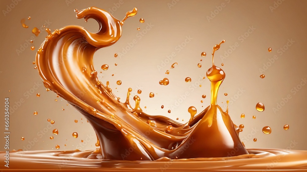 Sweet melted caramel, liquid caramel sauce splash with toffee candies ...