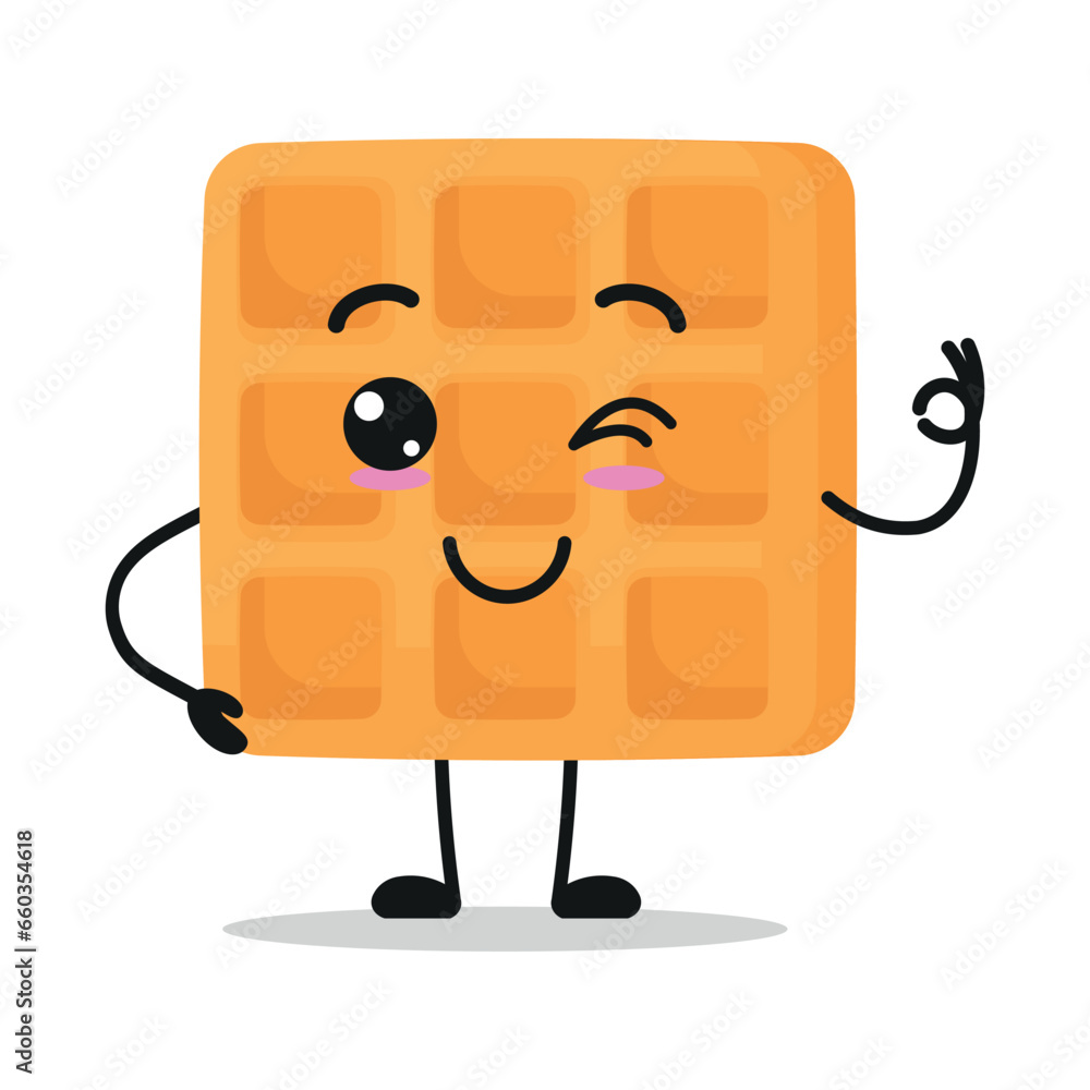 Cute happy waffle cartoon. Funny smiling and wink food cartoon emoticon ...