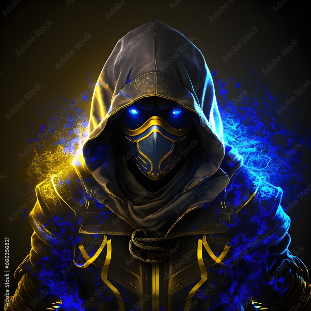 fully body portrait black with cobalt blue and gold accents hooded ...