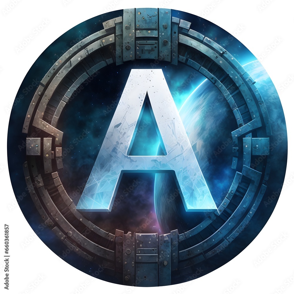 Blocky circular scifi fantasy theme game logo with a blue and white ...