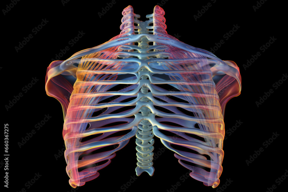 An anatomical model of the human ribcage in a geometric design is ...