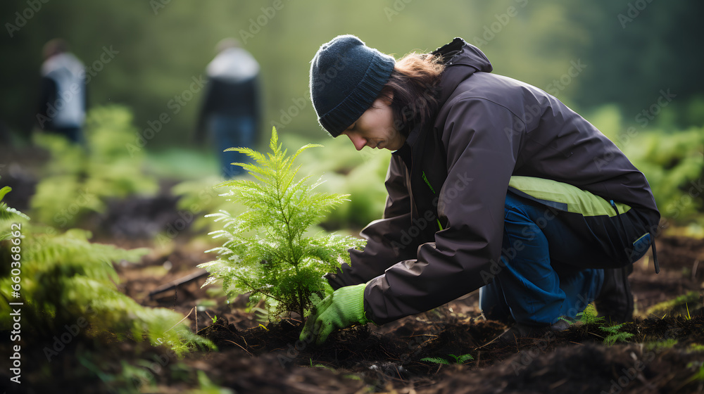 Photograph a person planting native species in a conservation area ...