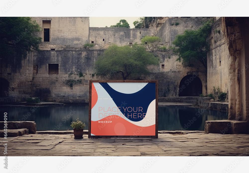 Frame Poster Billboard Mockup - White Board on Stone Floor with Clock ...