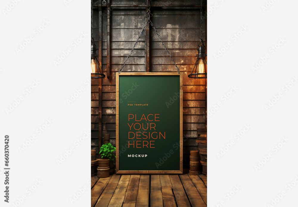 Wooden Room with Blackboard, Hanging Lights, Potted Plant, and Wall ...