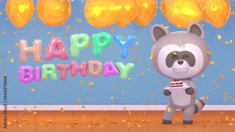Happy birthday congratulation animation. 3D animation of cute raccoon ...