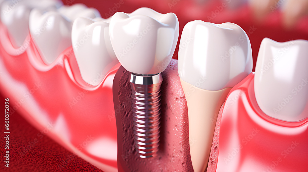 Anatomy of healthy teeth and dental implant in human gum. 3D rendering ...