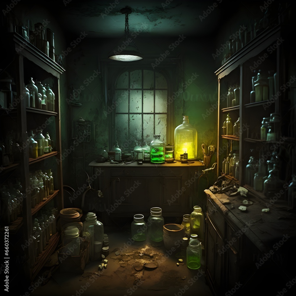 Creepy Frankenstein laboratory dark dimly lit array strange unsettling ...
