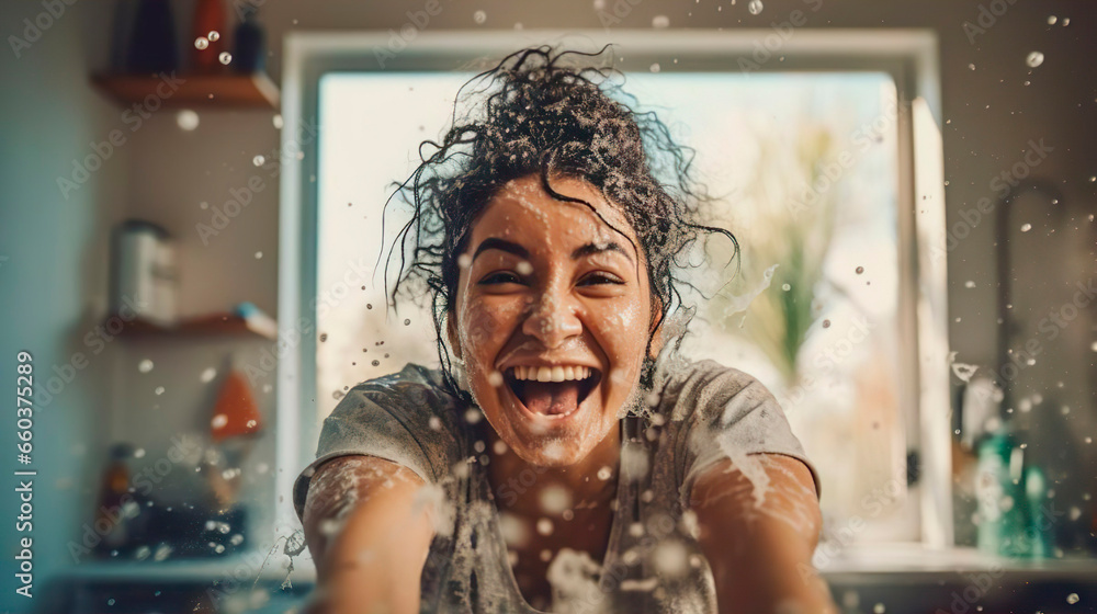 Happy housewife smiling young woman housekeeper having fun while ...