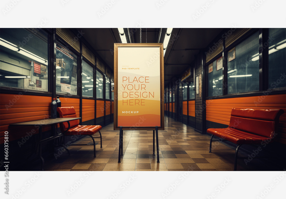 Frame Poster Billboard Mockup: Orange Chairs and Tables in Train ...