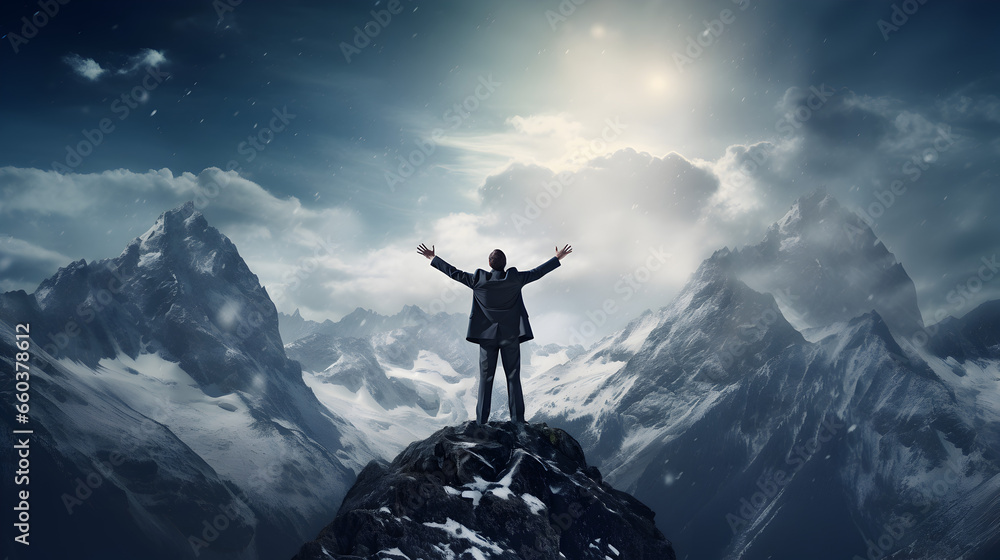 un homme en costume, les bras en l'air en signe de victoire, au sommet ...