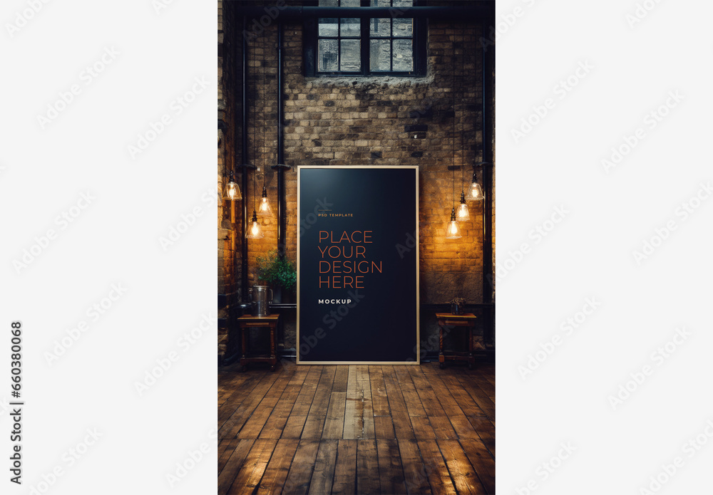 Modern Frame Poster Billboard Mockup in Room with Wooden Floors, Brick ...