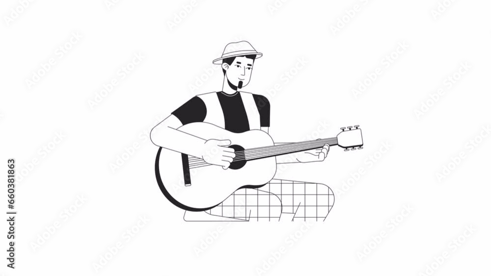 Musician playing acoustic guitar bw outline 2D character animation ...
