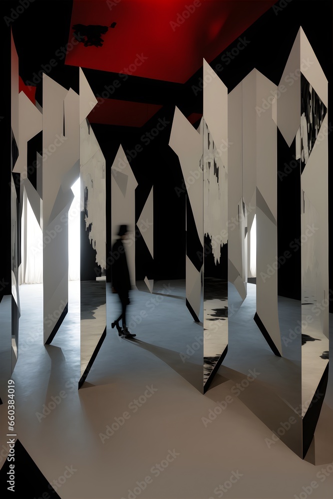 conceptual reflective room made of irregular shaped flying mirrors with ...