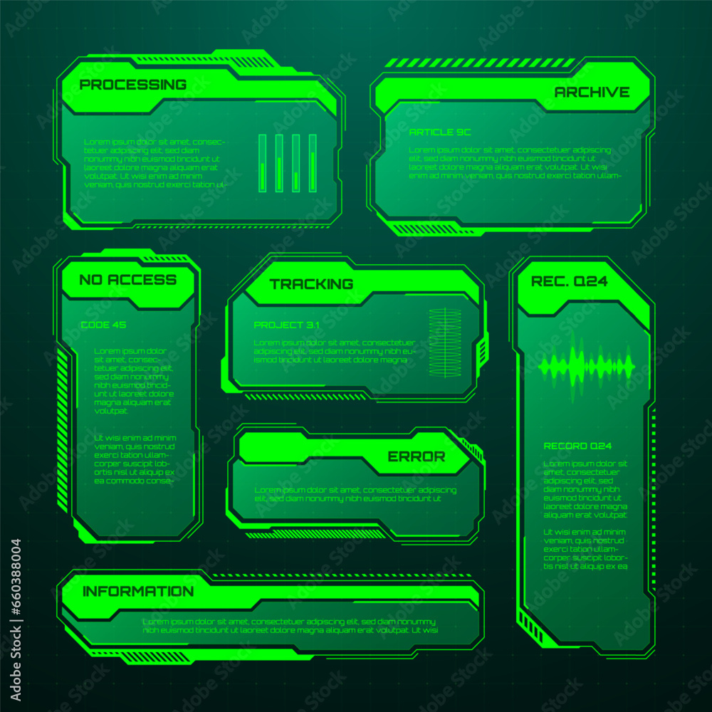Green futuristic HUD, UI elements. Sci-fi user interface text boxes, callouts. Warning message ...