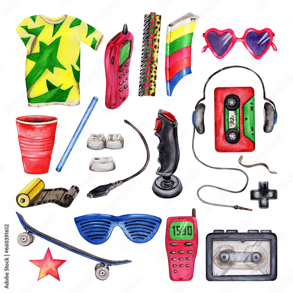 Collection of bright and colorful 90s style aesthetics elements. Hand ...