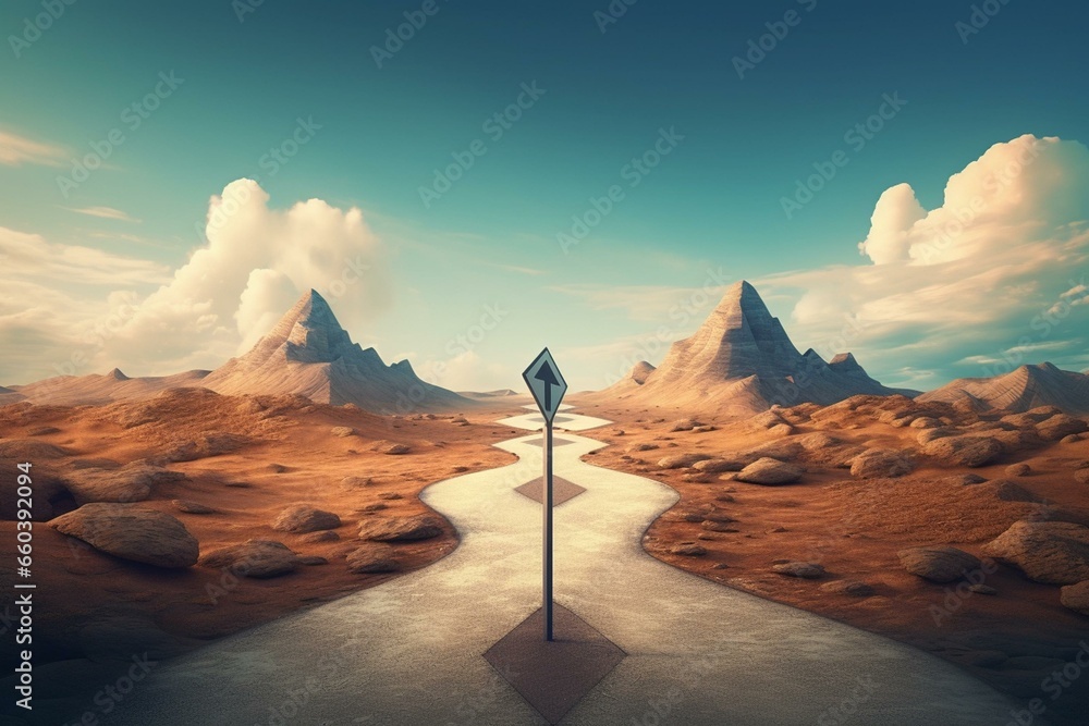 Surreal landscape with split road and signpost arrows, offering left ...