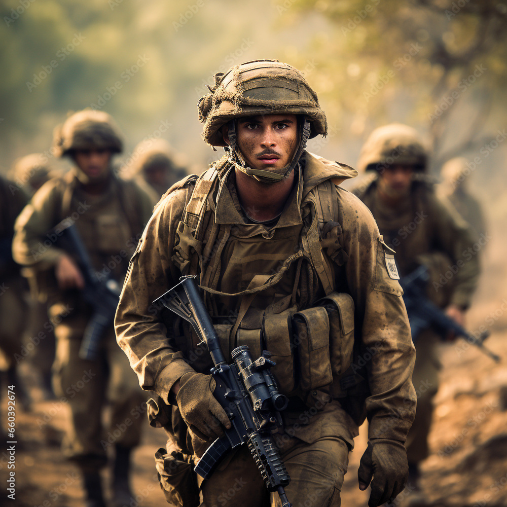 Israeli army soldiers in full armor. War between Israel and Palestine ...