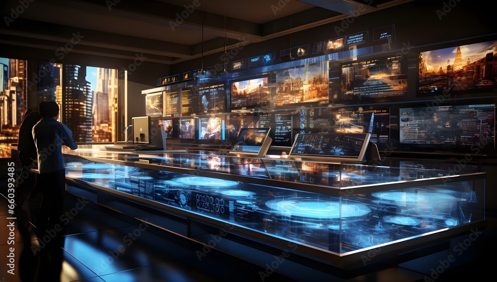 Electronic stage with interactive digital diagram, dark azure style ...