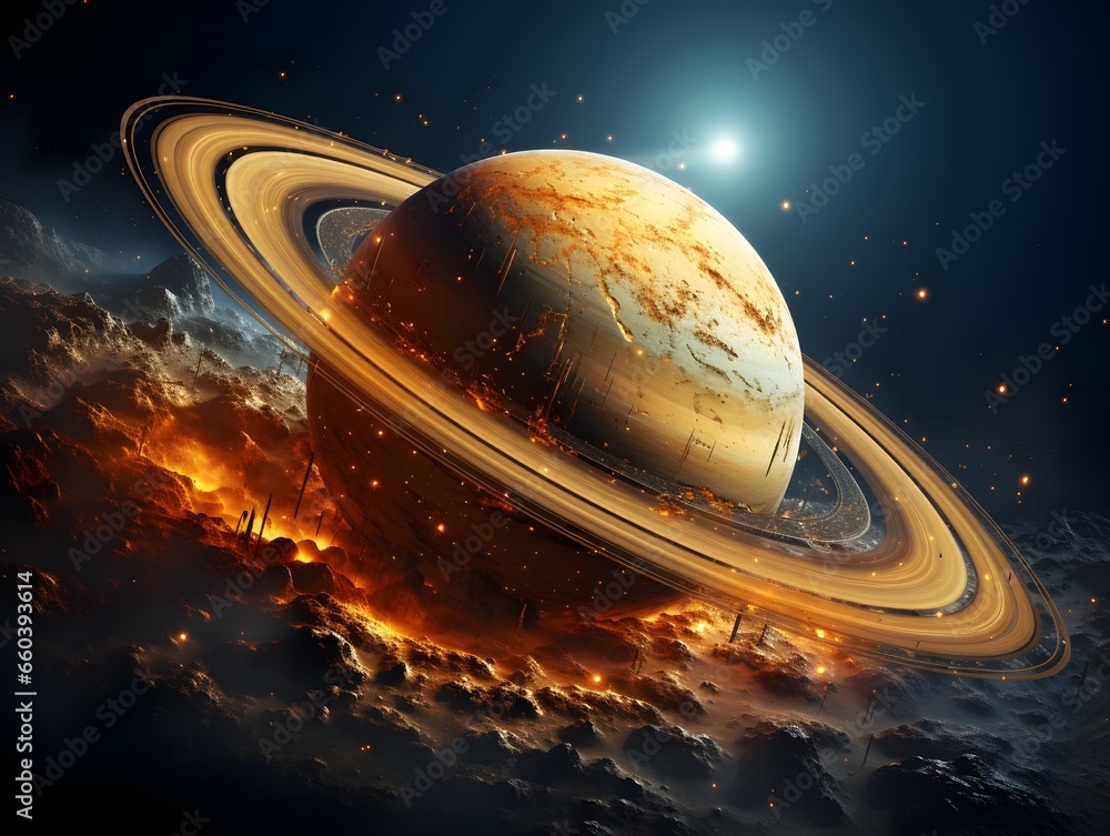 An artist rendering showing saturn in its outer ring, in the style of ...
