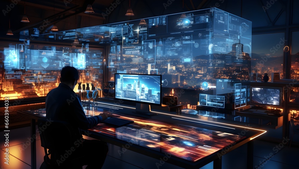 Electronic stage with interactive digital diagram, dark azure style ...