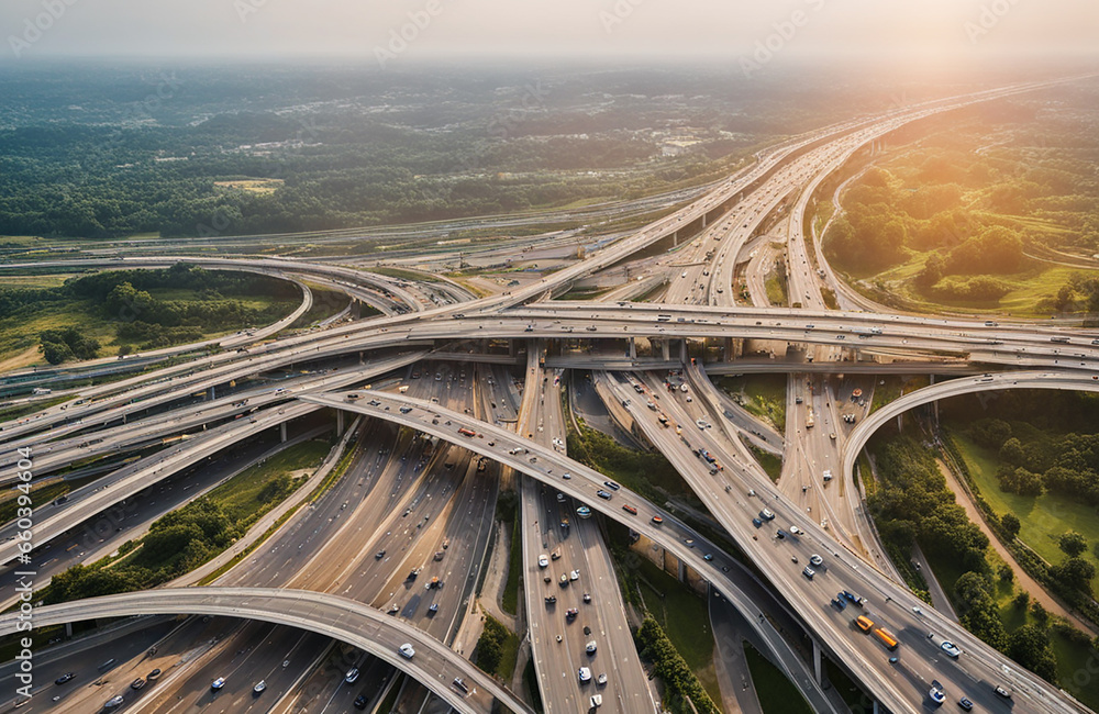 Aerial view of car traffic on multi lane highways or expressways ...
