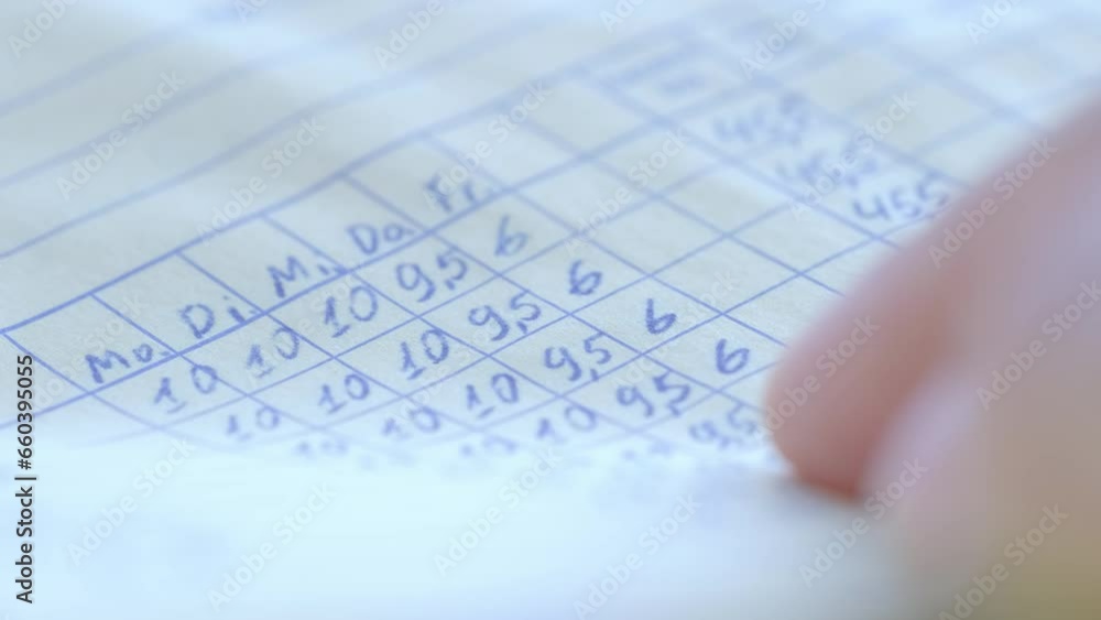 finger points to line handwritten tabular document sheet weekly report ...