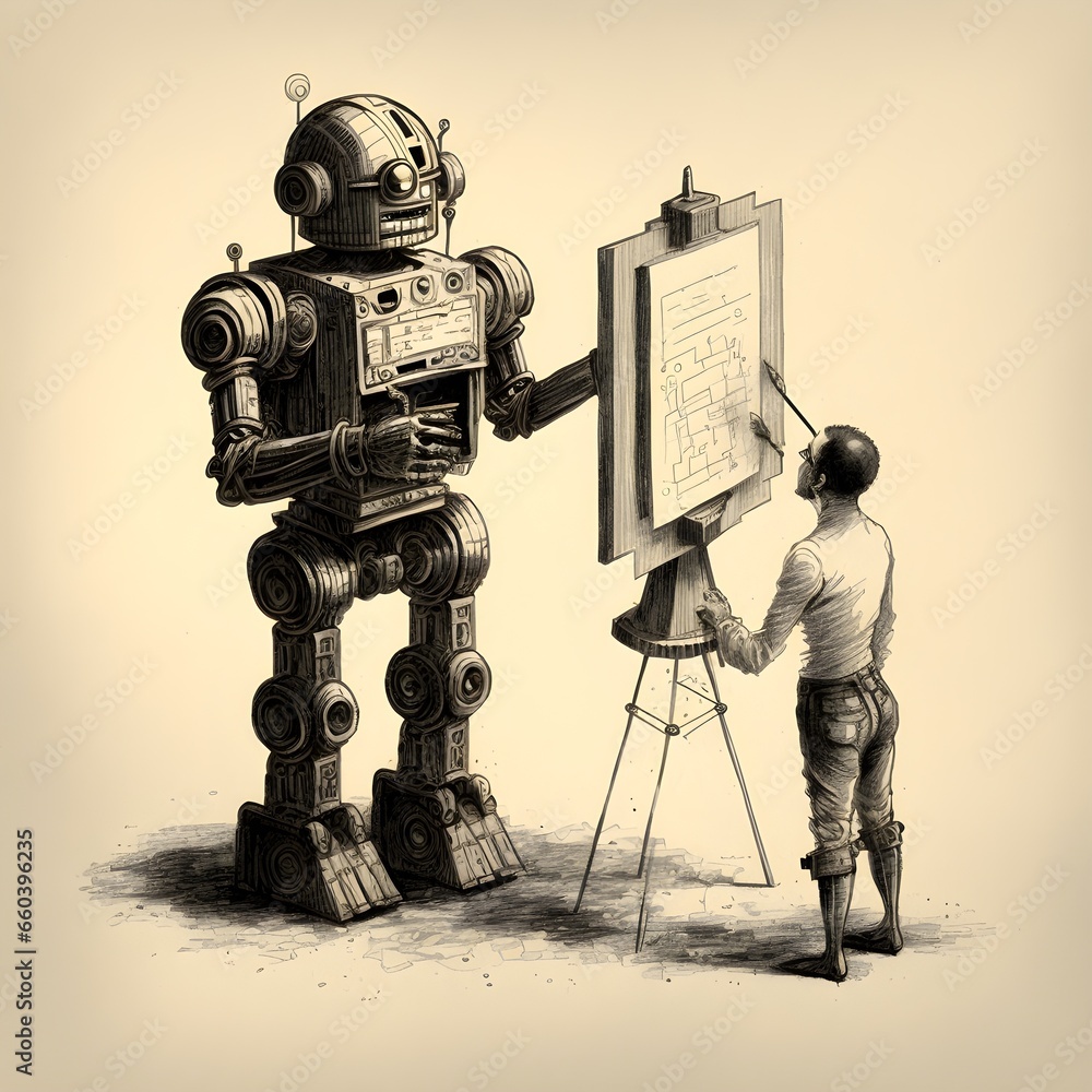 engraving diagram patent drawing style3 a friendly robot grabs a ...