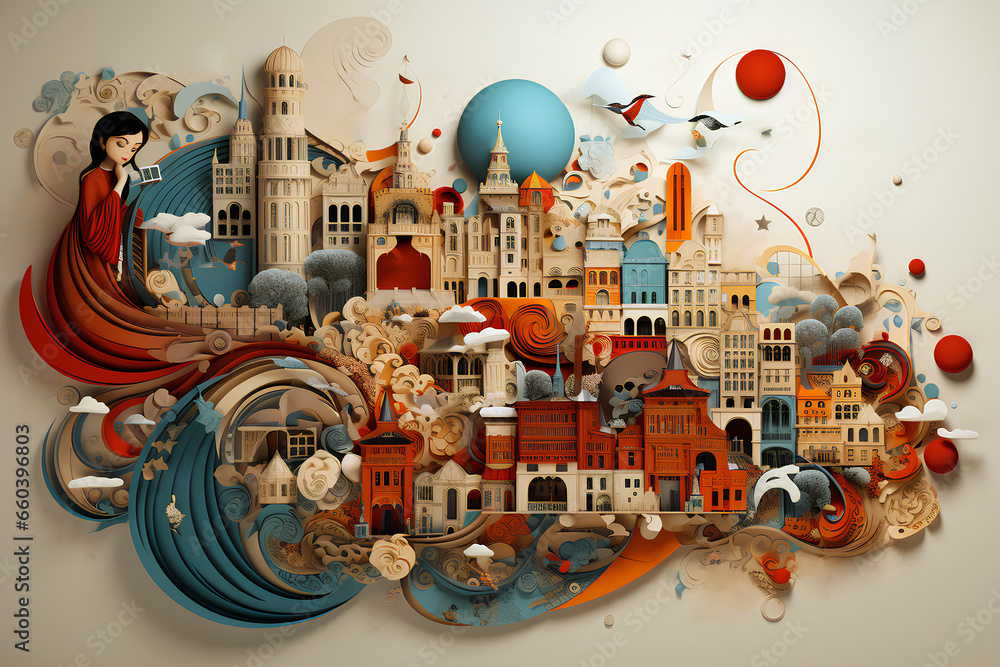 Arabic building architecture with city artwork with abstract and ...
