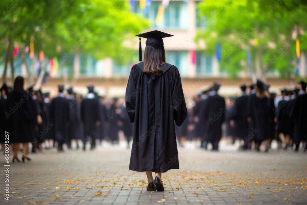 Rear view of university graduates wearing graduation gown and cap in ...
