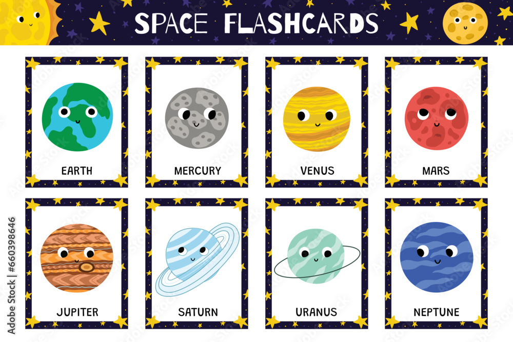 Space flashcards collection with cute planet characters. The Solar ...
