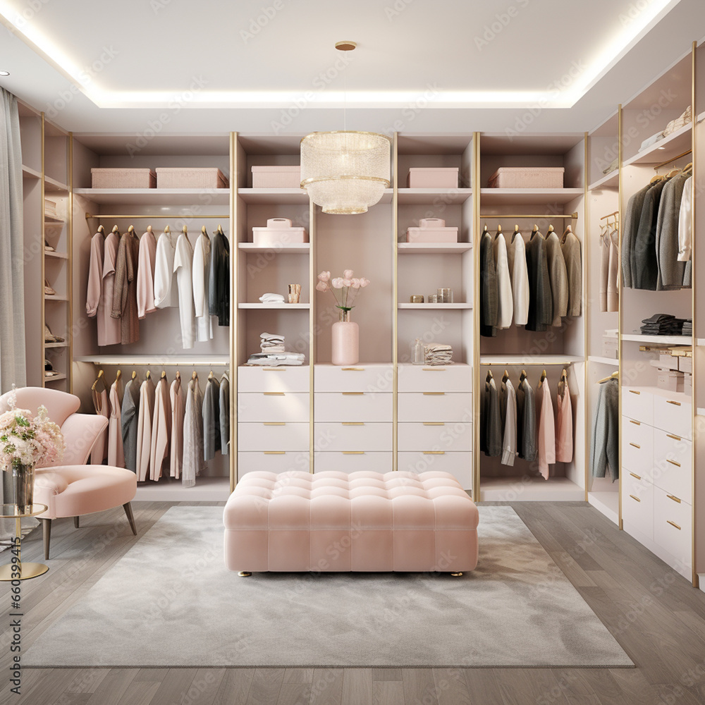 modern walk-in wardrobe with female clothes and accessory, pastel ...
