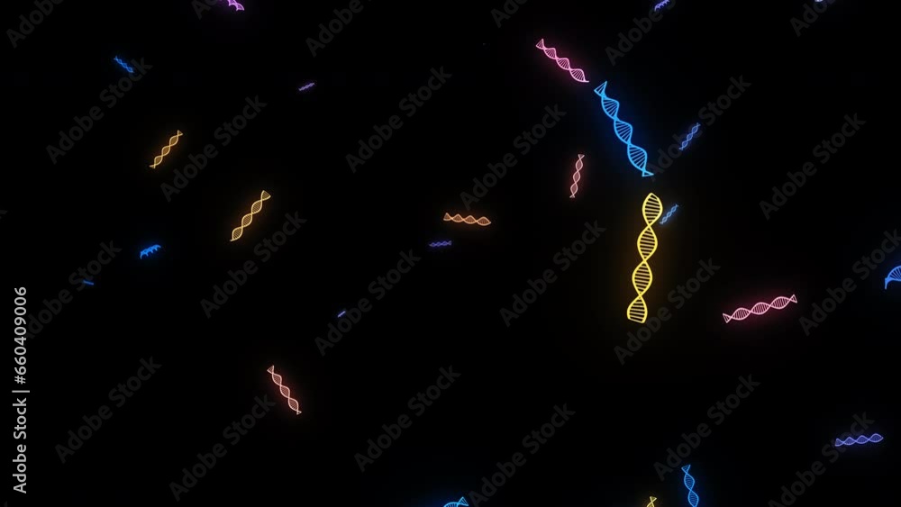 Abstract intro background animation of 3D neon dna shapes slow randomly moving on black ...