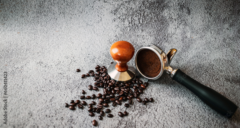 Equipment in a coffee shop of barista coffee tool portafilter with ...