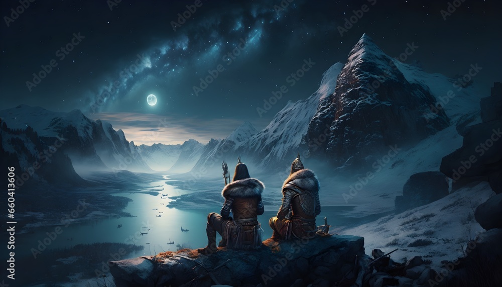 Viking warriors in Norway sitting cliffside overlooking the mountain ...