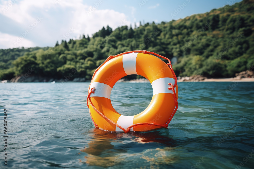 A rescue buoy floating on the sea, a vital tool to rescue people from ...