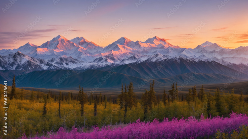 Beautiful rich nature of Denali National Park at sunset. High ...