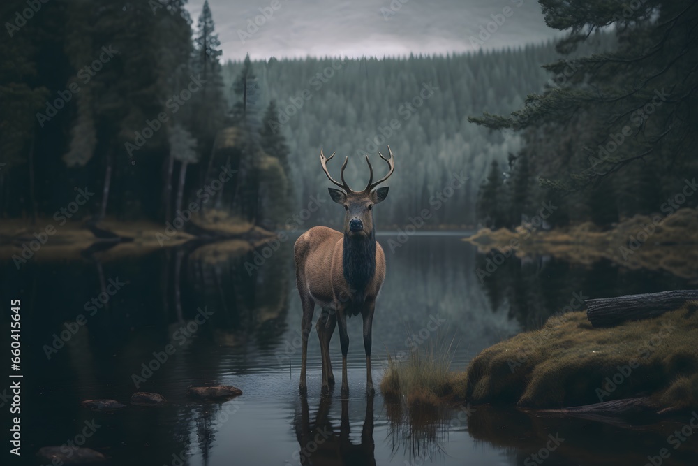 Deer looking at the viewer from a distance on the far side of a river ...