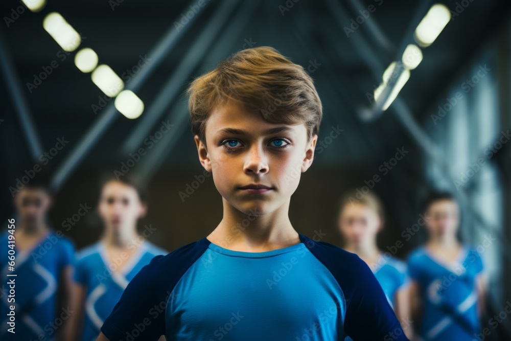 Group portrait photography of an exhausted kid male doing rhythmic ...