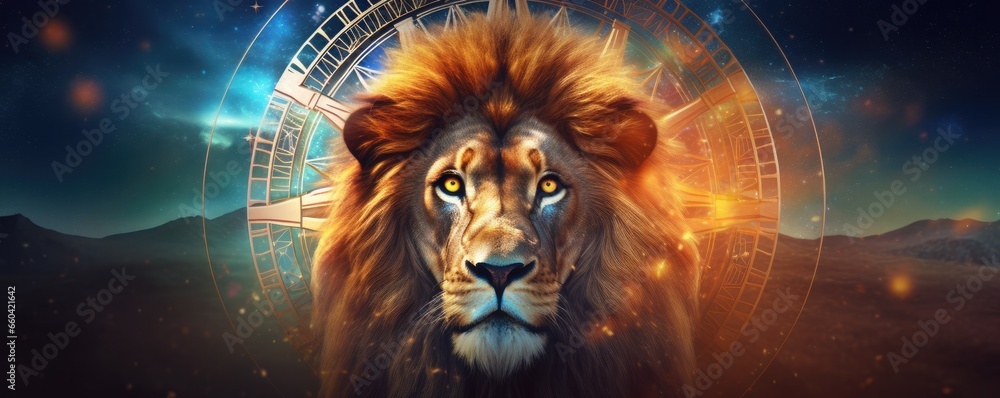 Zodiac sign of leo lion head fantasy lights dark, panorama horoscope ...