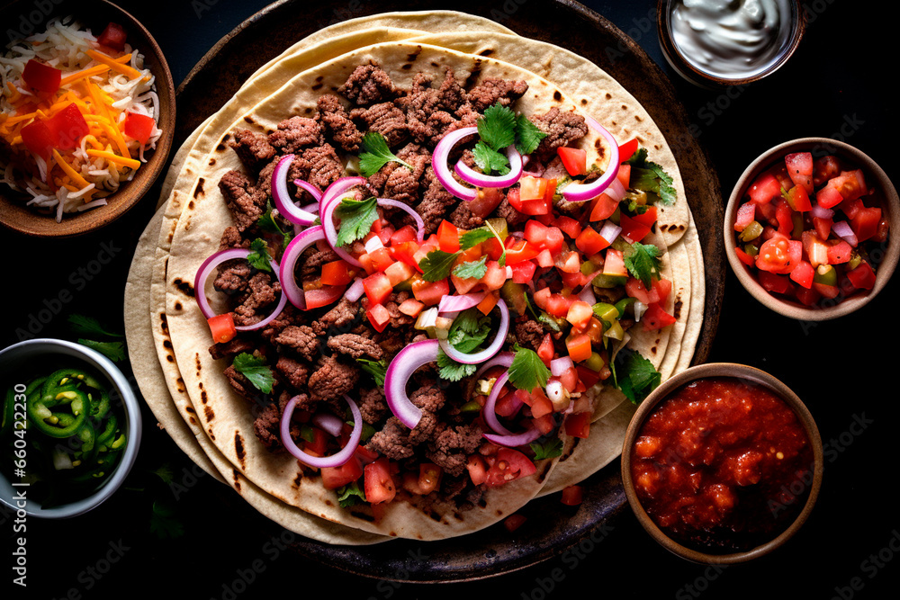 charcuterie platter of delicious taco with grilled hamburger, taco meat ...