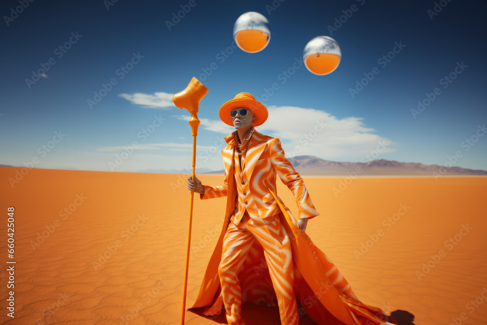 Extravagant character dressed in a jacket suit in orange tones and with ...