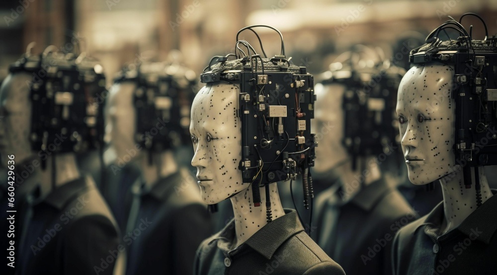 AI-generated illustration of A group of robots with various electronic ...