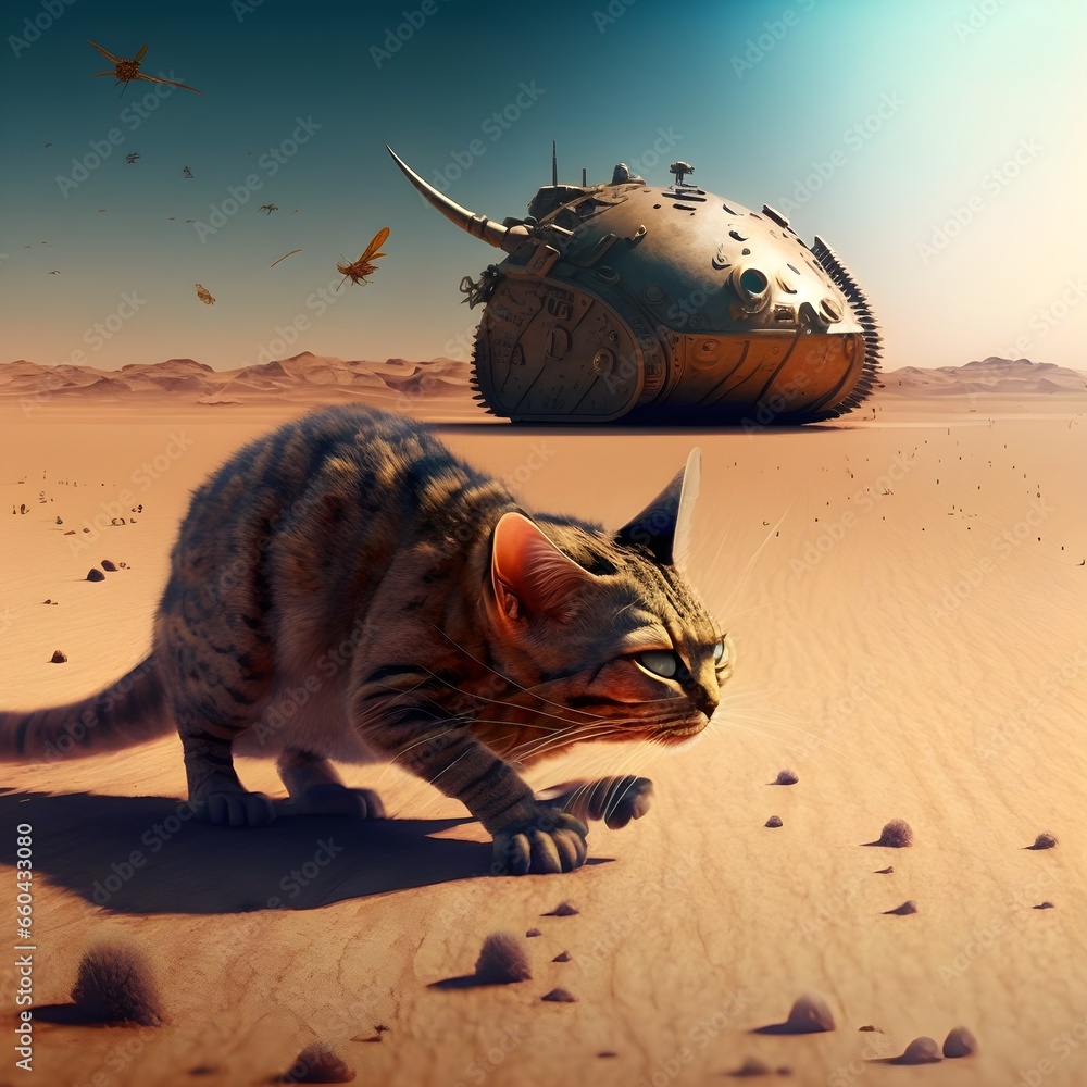 Mutant cat from alien planet stalking a mouse in a desert Stock ...