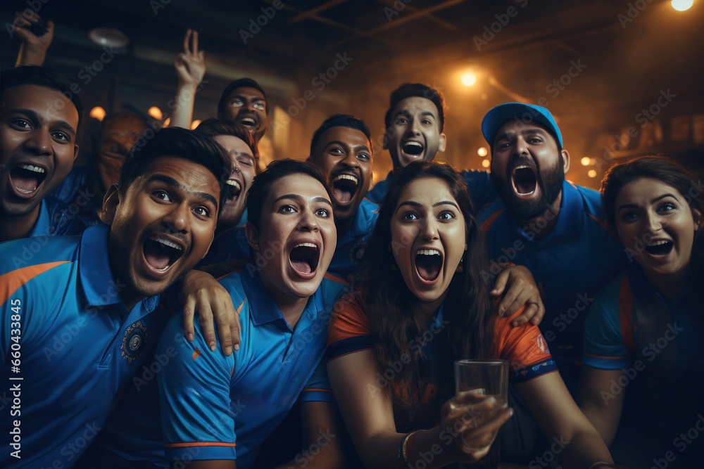 young man and excited audience celebrating and screaming while watching ...