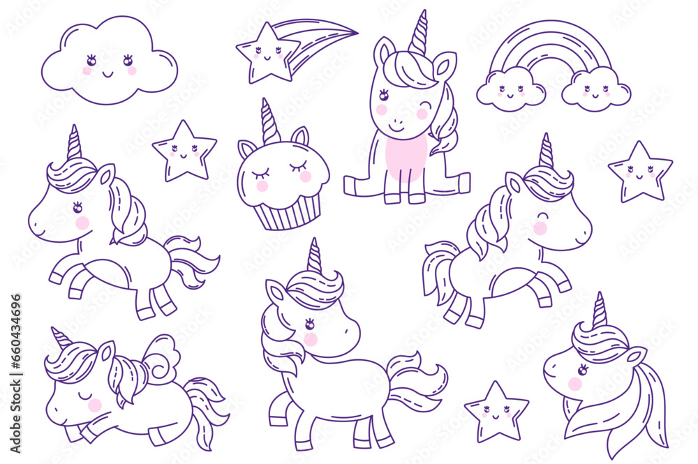 Vector Clipart Set - Kawaii Unicorn - Cute Unicorn Planning Clipart ...