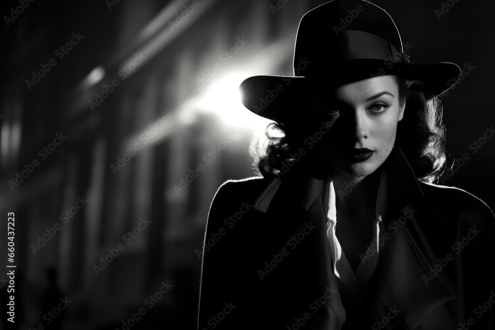 Woman wearing a hat and a coat characterized as a classic detective or ...